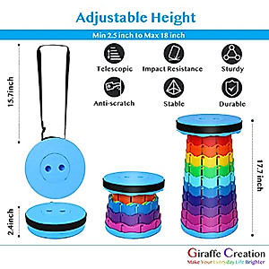 Giraffe Creation Upgraded Folding Stool, Heavy Duty Collapsible Telescoping Stool with Load Capacity 400lbs, Portable Retractable Stool for Camping Fishing Hiking BBQ, Rainbow