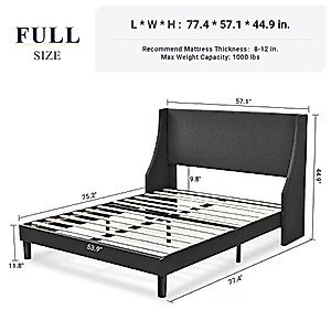 Allewie Full Size Bed Frame, Platform Bed Frame with Upholstered Headboard, Modern Deluxe Wingback, Wood Slat Support, Mattress Foundation, Dark Grey