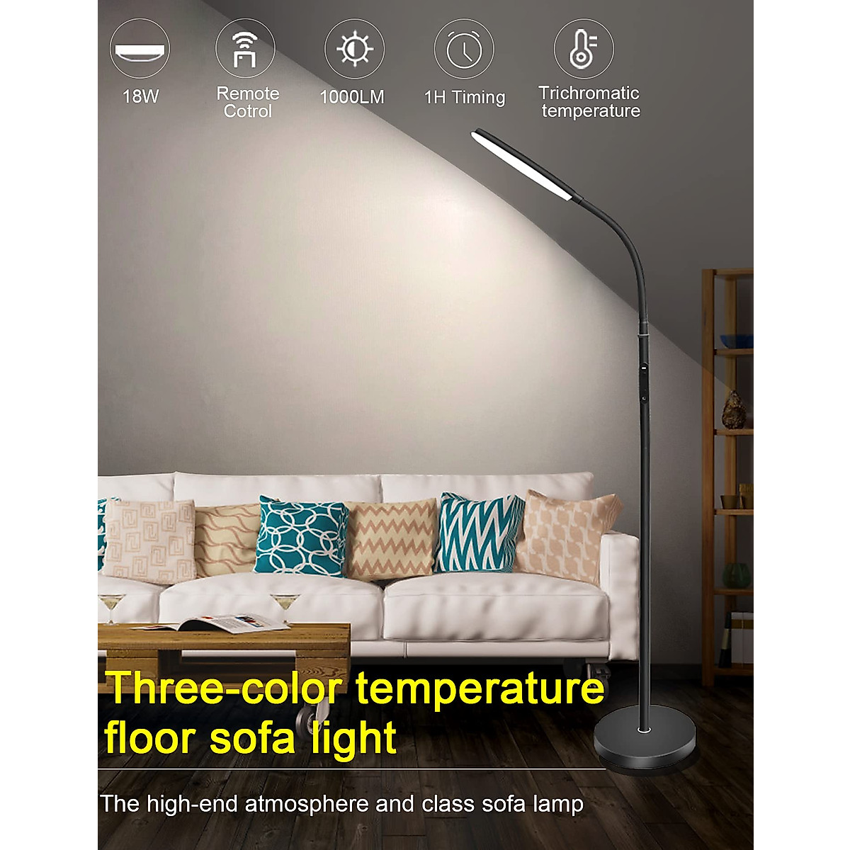 Hyskostar LED Floor Lamp, Bright Floor Lamps for Living Room with 1H Timer, 2700K-6500K Brightness Adjustable Gooseneck Standing Lamp with Remote & Touch Control Reading Floor Lamps for Bedroom