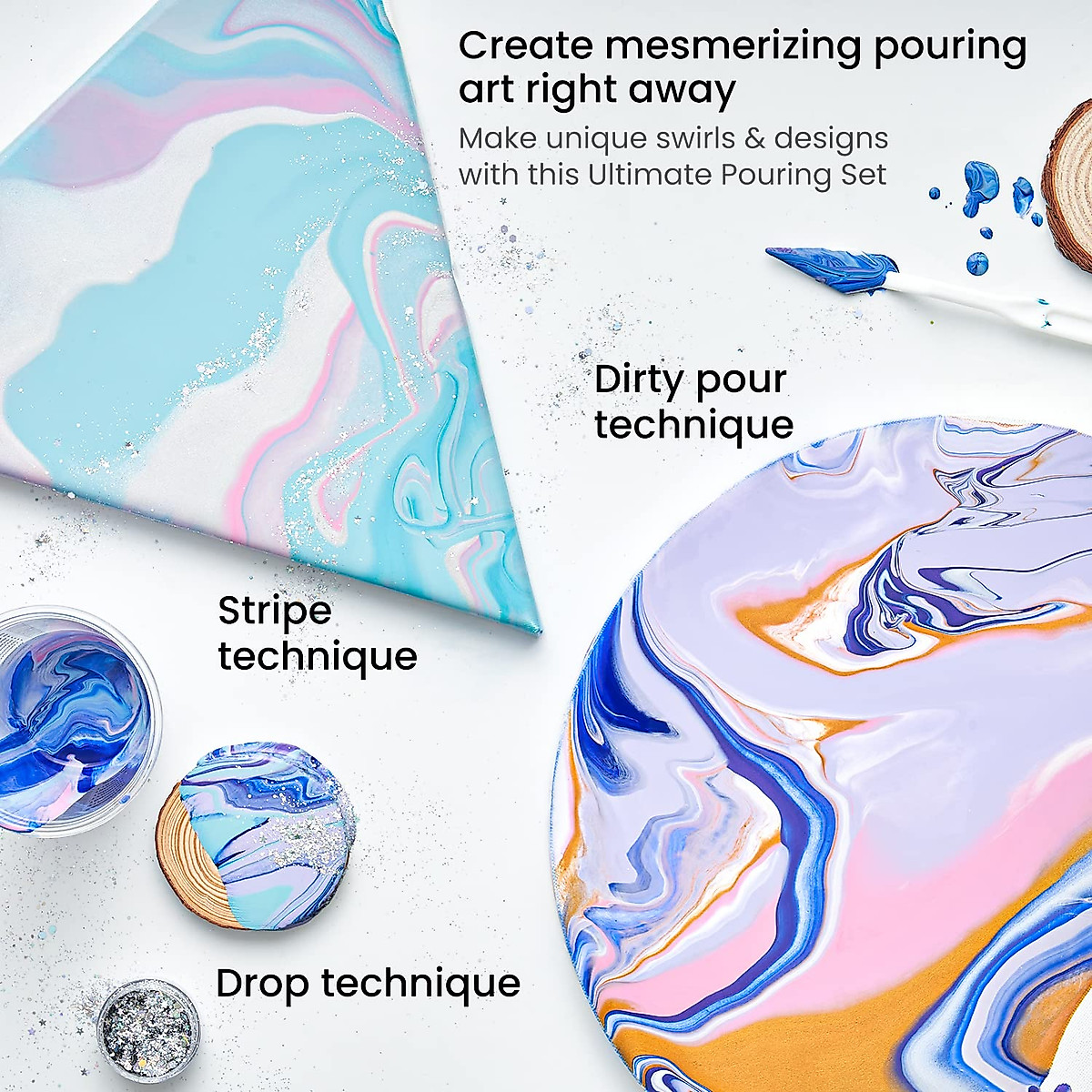 Arteza Acrylic Pouring Paint Kit, 14 Glossy Colors — 8 Pastel & Bright, 3 Iridescent, 3 Metallic, 2 x Stretched Canvas, 2 Wooden Slices, Glitter, and Paint Pouring Accessories, Multicolor,28 Piece Set