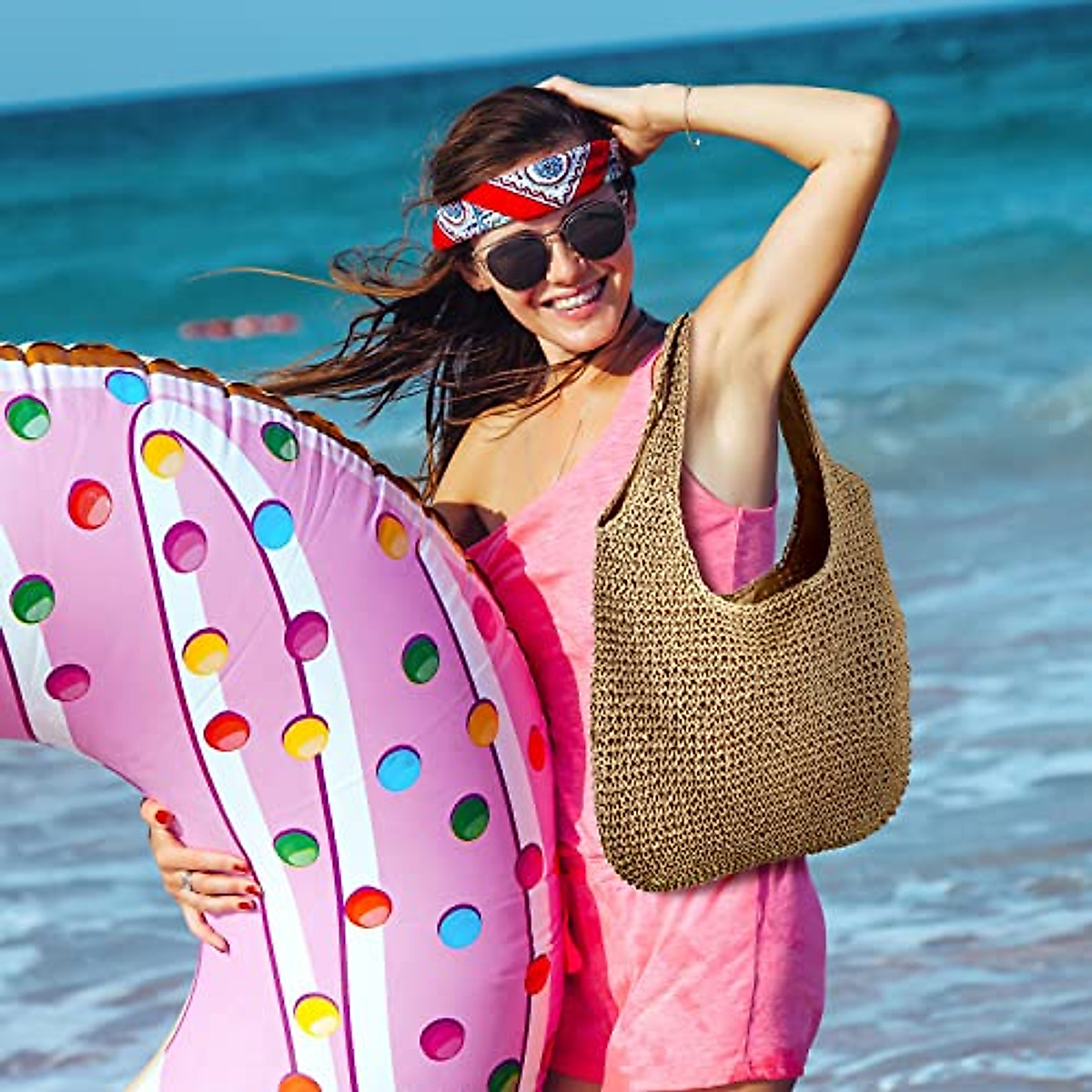 Saintrygo Women Straw Beach Bag Bucket Tote Summer Woven Handmade Handbag Shoulder Bag (Stylish Style,15.75 x 11.81 x 14.17 Inches)