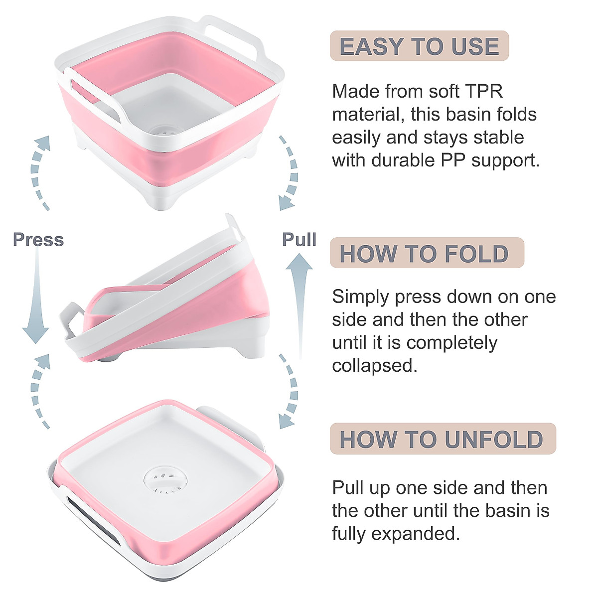 2.4 Gal(9L) Collapsible Dish Basin with Drain Plug, Space Saving Outdoor Multiuse Foldable Sink Tub, Dishpan, Kitchen Storage Tray for Camping, Vegetable Washing, RV (Pink)