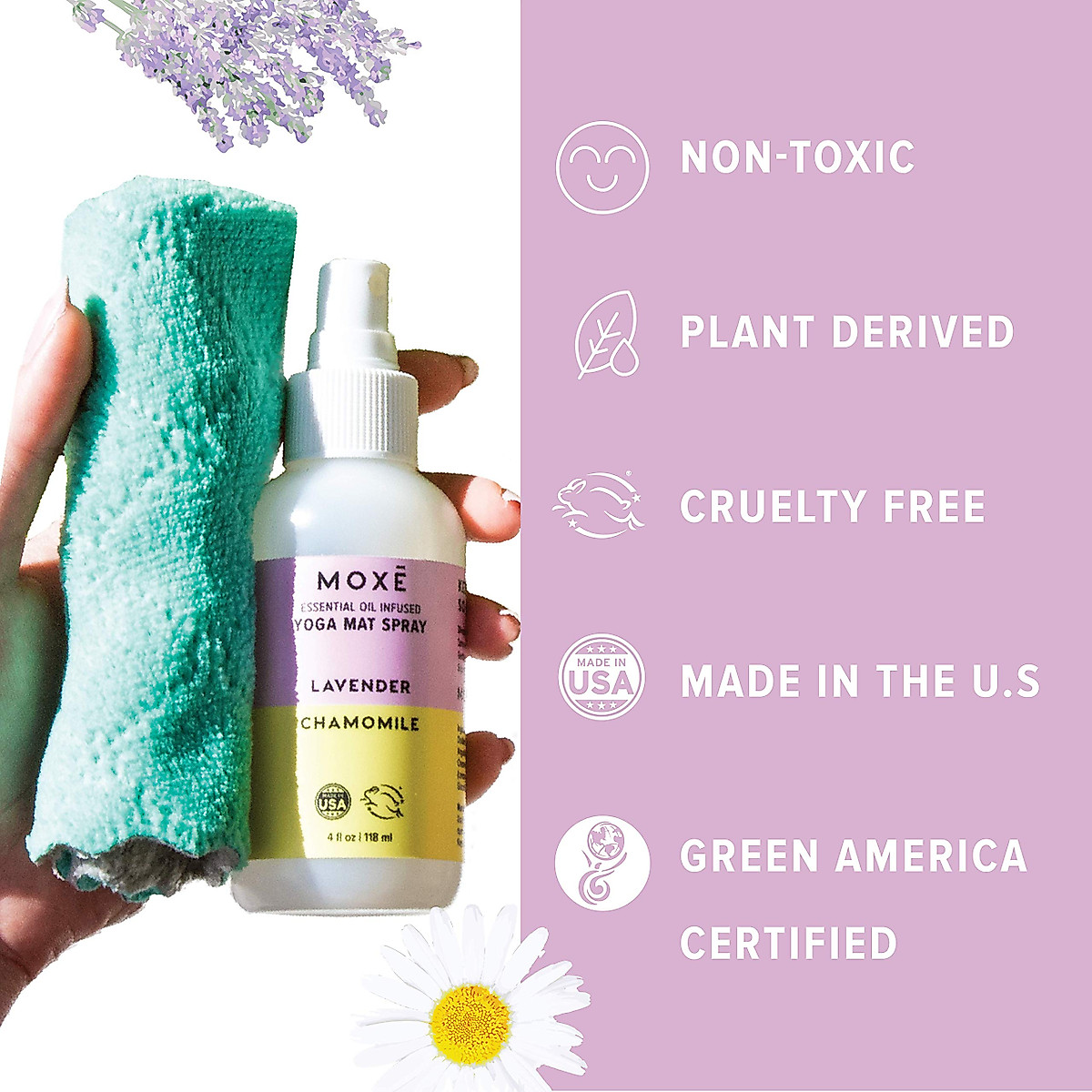 MOXE Yoga Mat Cleaner Lavender & Chamomile Essential Oils, 4 ounces, Safe for All Mats & Exercise Equipment, Odor & Sweat Protection, Made in USA