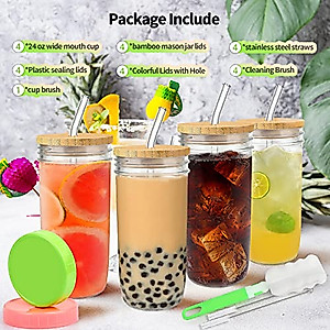 4 Pack Glass Cups Set - 24oz Mason Jar with Bamboo Lids and Glass Straw & 12 Airtight Lids, Brush - Boba Drinking Glasses, Reusable Travel Tumbler Bottle for Iced Coffee, Smoothie, Bubble Tea, Gift