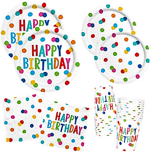 Happy Birthday Decorations: Kids' Birthday Party Supplies with Dots Design - Includes Happy Birthday Plates and Napkins, Disposable Paper Cups, Serves 16