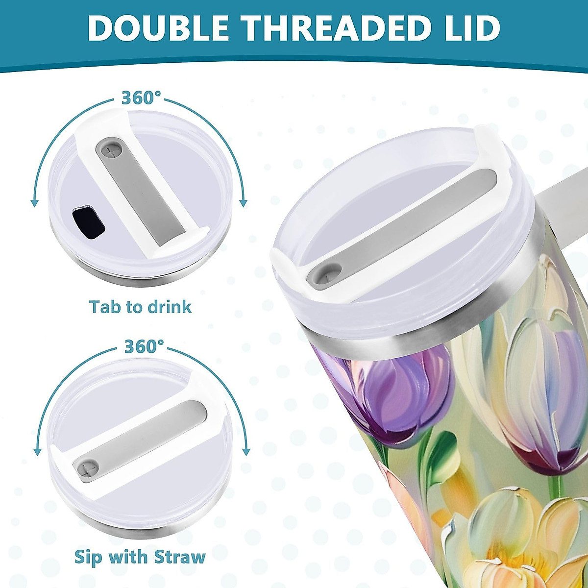 ALAZA Tulip Flower Floral Painting 40 oz Tumbler Stainless Steel Water Bottle Vacuum Insulated Cup with Straw Lid & Handle For Travel Car Cup Holder