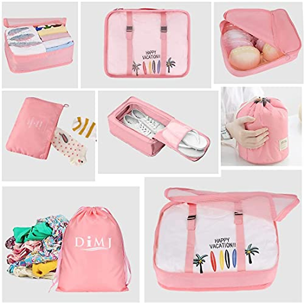 DIMJ Packing Cubes for Travel, 8Pcs Travel Cubes Set Pink Foldable Suitcase Organizer Lightweight Luggage Storage Bag