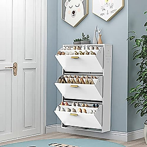 Omethey Shoe Cabinet with 3 Flip Drawers, Wall Mount & Floor Mount Shoe Organizer, All Steel White Narrow Shoe Storage Cabinet for Entryway, Hallway and Corridor