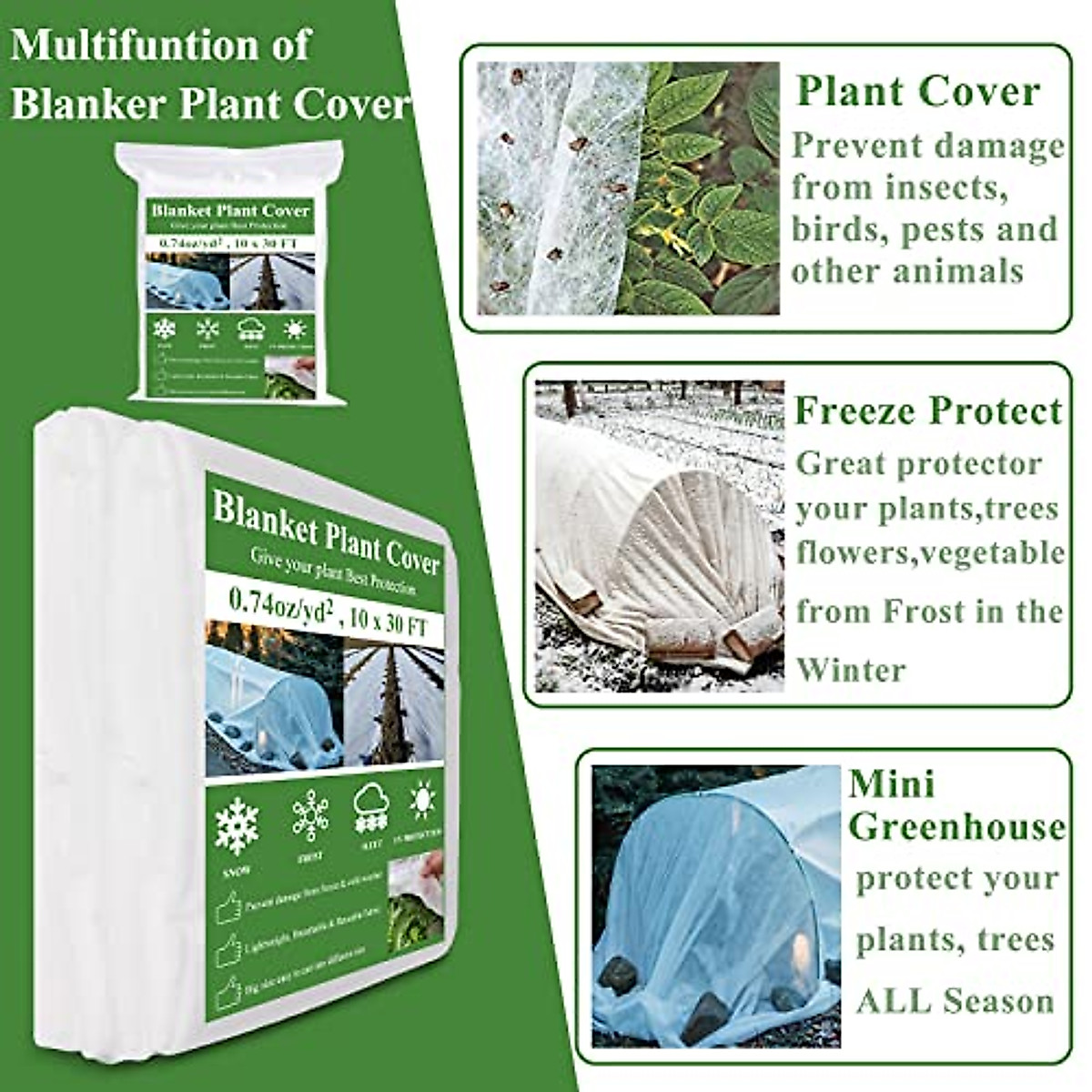 WYRJXYB Plant Covers Freeze Protection kit,10 x 30 Ft Frost Cloth & 6PCs Garden Hoops & 12 Clips, Frost Blanket, Greenhouse Hoops, Floating Row Cover kit for Plants Vegetables Winter Frost Protection