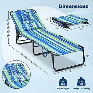 Giantex Tanning Chair, 350lbs Adjustable Patio Lounge Chair w/Face Hole, Removable Pillows, Carry Strap, Layout Chair, Folding Beach Chair, Outdoor Chaise Lounge for Poolside Lawn (1, Stripe)