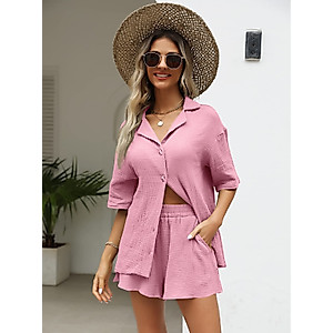 AUTOMET 2 Piece Sets For Women Lounge Wear Matching Two Piece Pajama Fashion Oversized Shirts And Shorts Spring Outfit 2025 Pink02 M