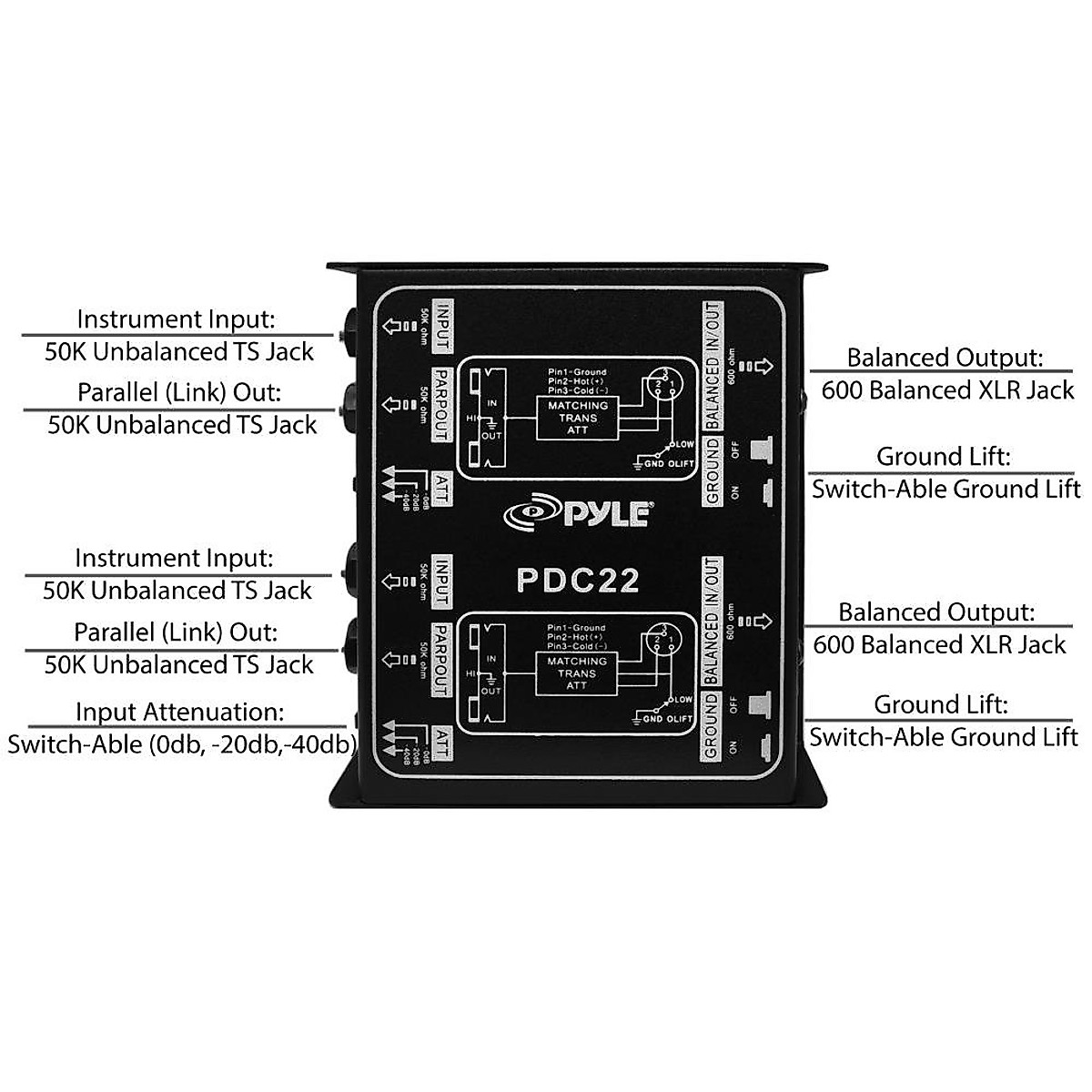 PYLE-PRO Premium Direct Injection Audio Box - Passive DI Unit Hum Eliminator w/ Input Attenuator to Connect Guitar & Bass - 1/4 Inch Impedance Transformer Connector to Balanced & Unbalanced XLR-PDC22 , Black