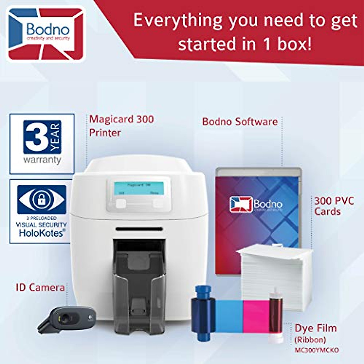 Bodno Magicard 300 Dual Sided ID Card Printer & Complete Supplies Package ID Software - Bronze Edition