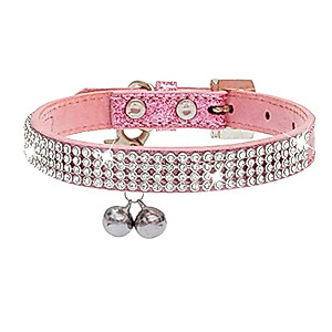 PUPTECK Basic Adjustable Cat Collar with Bling Diamante and Double Bells, for Kitten and Small Puppy, Fashion and Shining (XXS: Collar Adjustable: 6-8in, 0.3inch Width, Pink)