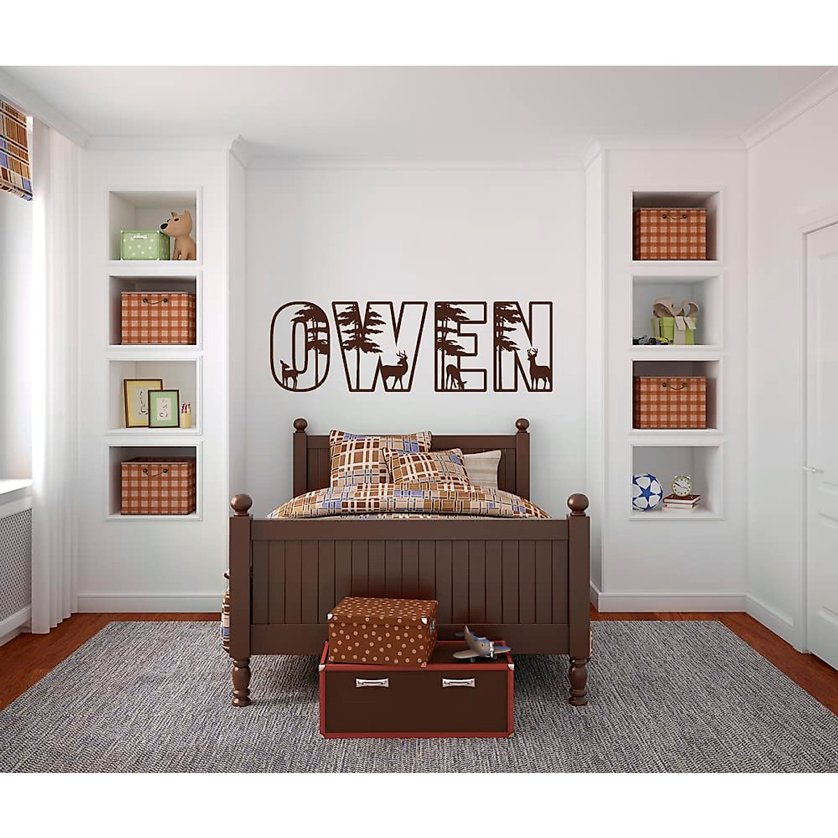 Forest Deer Custom Name Vinyl Wall Decal Sticker Art for Boys and Girls, Doe and Buck in The Mountain Trees, Woodland Theme Bedroom and Nursery Room Decor