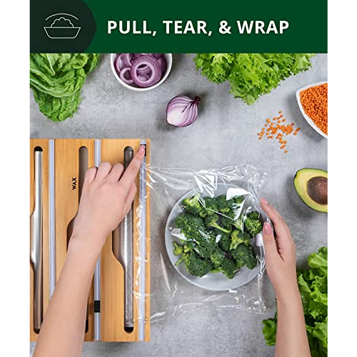 ROYAL CRAFT WOOD Bamboo Kitchen Drawer Organizer with 3 Slots for Food Storage Containers, Kitchen Foil, and Plastic Wrap – Includes Cutter