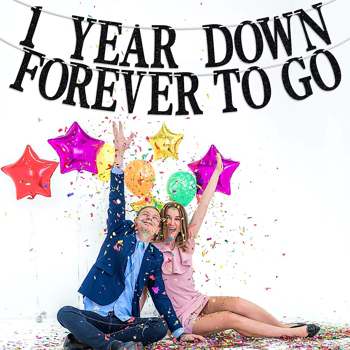 1 Year Down Forever to Go Banner, 1 Year of Marriage Gift, Happy 1st Wedding Anniversary Party Decoration Supplies, Black Glitter
