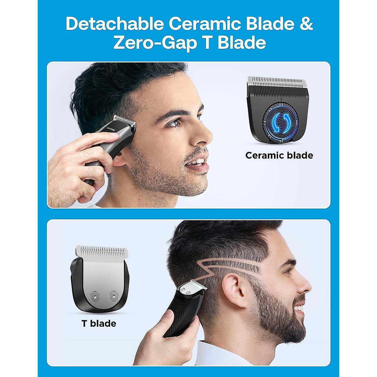 GLAKER Hair Clippers for Men - Cordless 2 in 1 Versatile Hair Trimmer with 10 Guards, 2 Detachable Blades & Turbo Motor, Professional Beard Grooming Kit for Barbers, Ideal Gift for Men