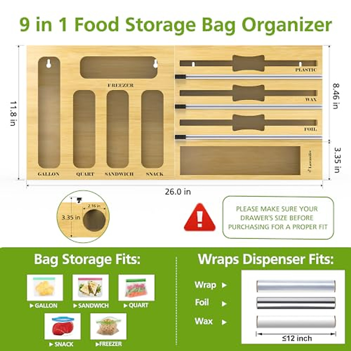 Lawmoliw Bag Storage Organizer for Kitchen Drawer, 9 in 1 Foil and Plastic Wrap Dispenser with Cutter, Bamboo Plastic Bag Food Baggie Organizer for Gallon, Quart, Sandwich, Snack, Freezer