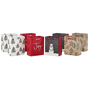 Hallmark 6" Small Holiday Gift Bags (8 Bags: Winter Foliage, Rustic Snowman, "Joy" on Red, Black and White Trees) for Gift Cards, Winter Wedding Party Favors, Teacher Presents