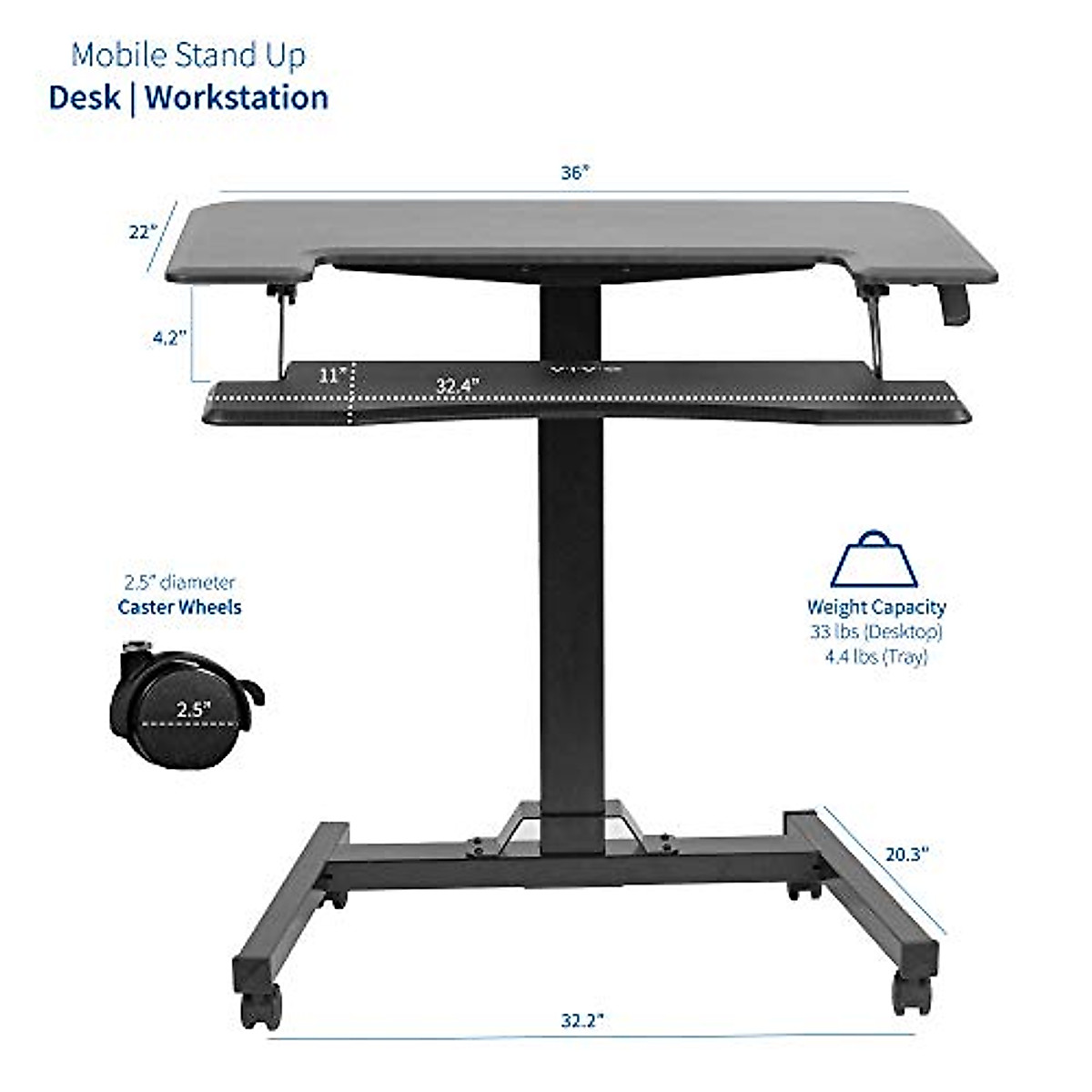 VIVO Black Pneumatic Mobile 36 inch Height Adjustable Two Platform Standing Desk with Wheels, Dual Tiered Rolling Small Space Workstation, DESK-V111GT