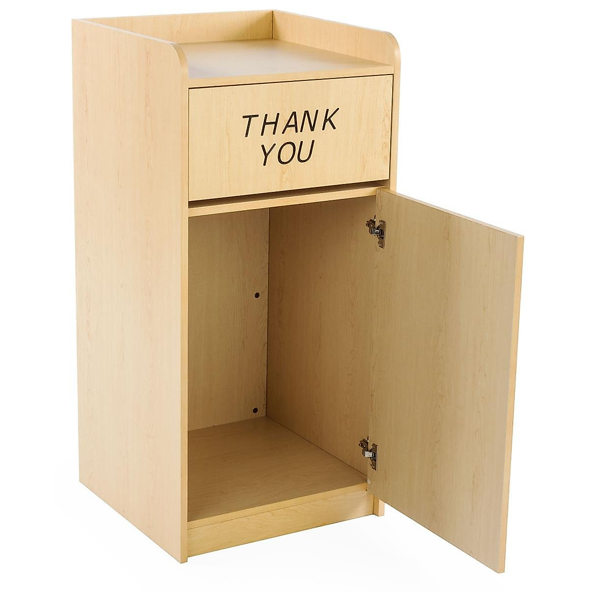 Restaurant Trash Can, Hinged Door, 36 Gallon, Tray Holder,"Thank You" Message (Melamine)
