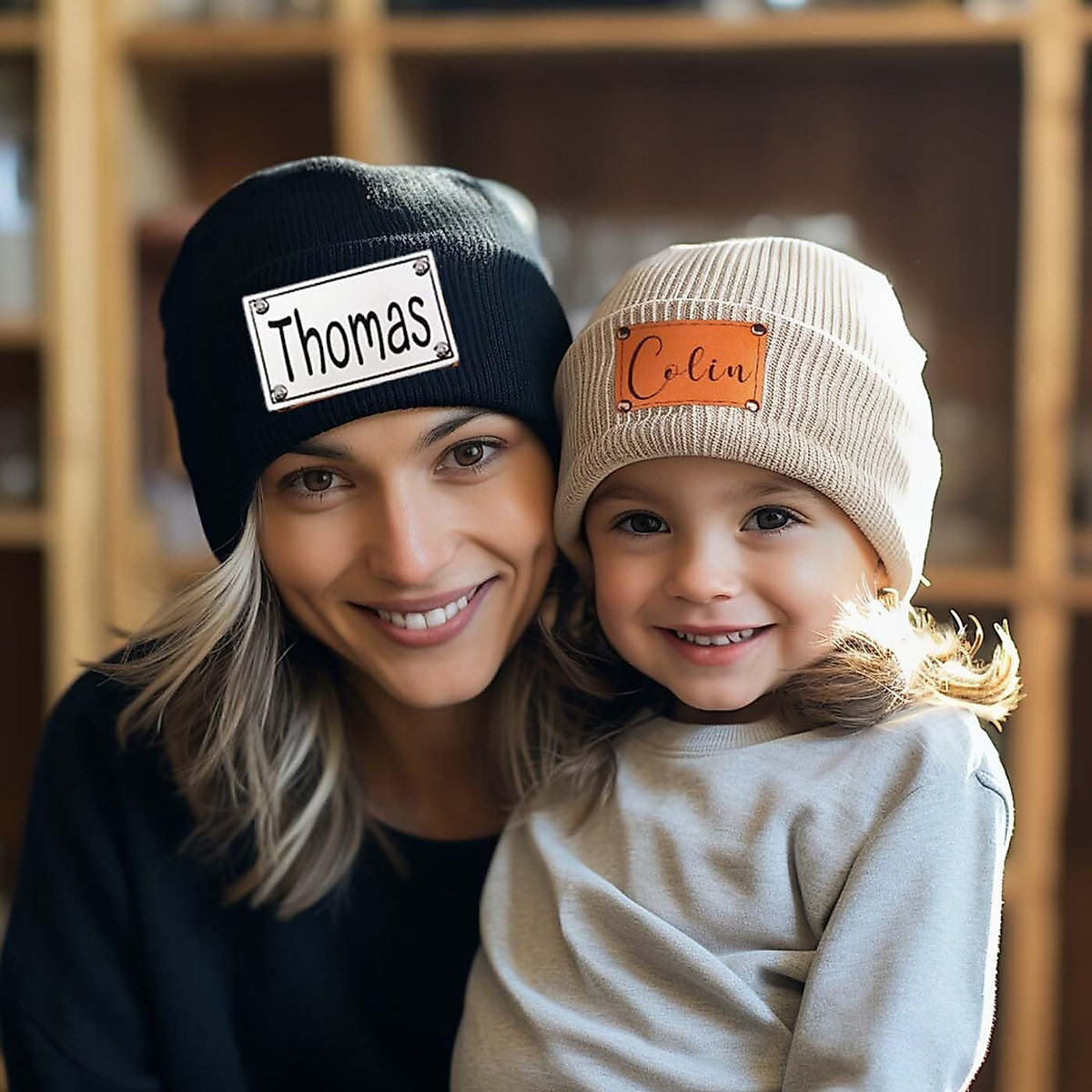 Personalized Beanie Hats, Custom Leather Patch Knitted Beanies Infant Toddler Kids Youth Child Baby Newborn Adult Beanie