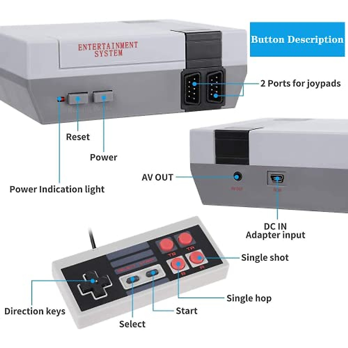 Retro Game Console, Classic Mini Game Console, AV Output 8-Bit Game System, Built-in 620 Video Games With 2 Classic Controllers - Plug and Play for Kids Birthday