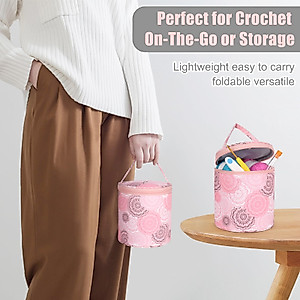 Katech Mini Yarn Storage Bags, Portable Yarn Bag for Crocheting with Holes Organizer Crochet Thread Sewing Accessories Storage Tote Bag for Carry Crochet Hooks Skein Yarn (Pink Floral)