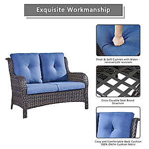 Patio Loveseat Wicker Outdoor Couch - 2-Seater Rattan Patio Sofa with Deep Seating and Comfortable Cushions for Outside Porch Deck Poolside Balcony(Brown Wicker/Blue Cushion)