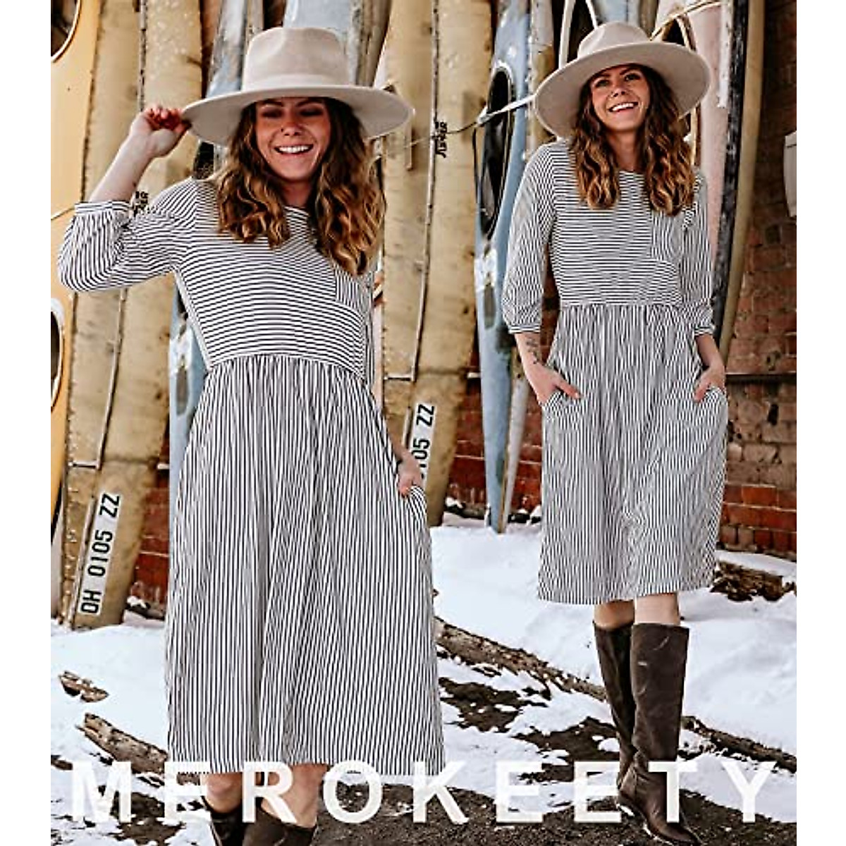 MEROKEETY Women's 3/4 Balloon Sleeve Striped High Waist T Shirt Midi Dress