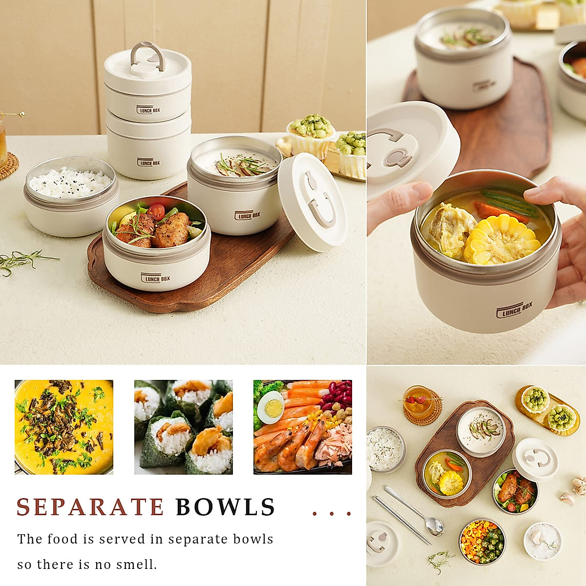 Keweis Bento Box Adult Lunch Box Set, Portable Insulated Lunch Containers with Thermal Bag, Stackable Stainless Steel Leakproof Food Containers for Adults Teens Kids, Set of 4, 68 Oz