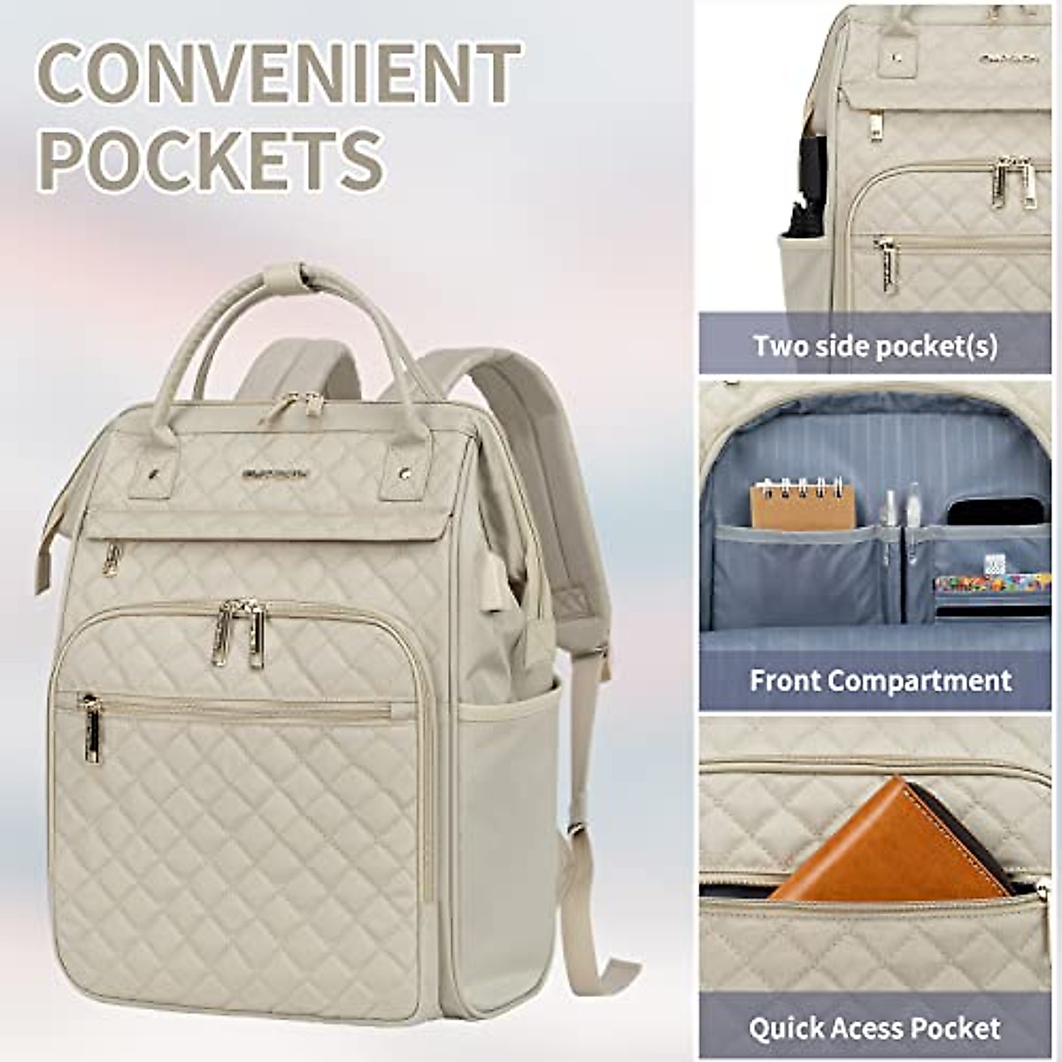 EMPSIGN Laptop Backpack for Women 17 Inch Travel Backpack, Large Capacity 40L Compuer Backpack Purse, Waterproof Stylish Business College Backpack with USB Port, Quilted Beige