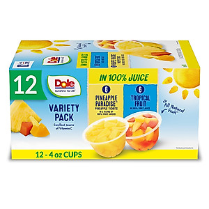 Dole Fruit Bowls Pineapple Tidbits & Tropical Fruit in 100% Juice Snacks, 4oz 12 Total Cups, Gluten & Dairy Free, Bulk Lunch Snacks for Kids & Adults