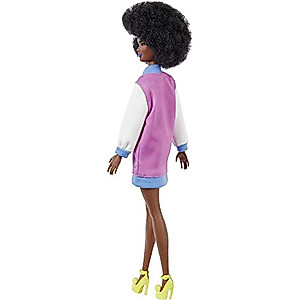 Barbie Fashionistas Doll #156 with Brunette Afro & Blue Lips Wearing Graphic Coat Dress & Yellow Shoes, Toy for Kids 3 to 8 Years Old