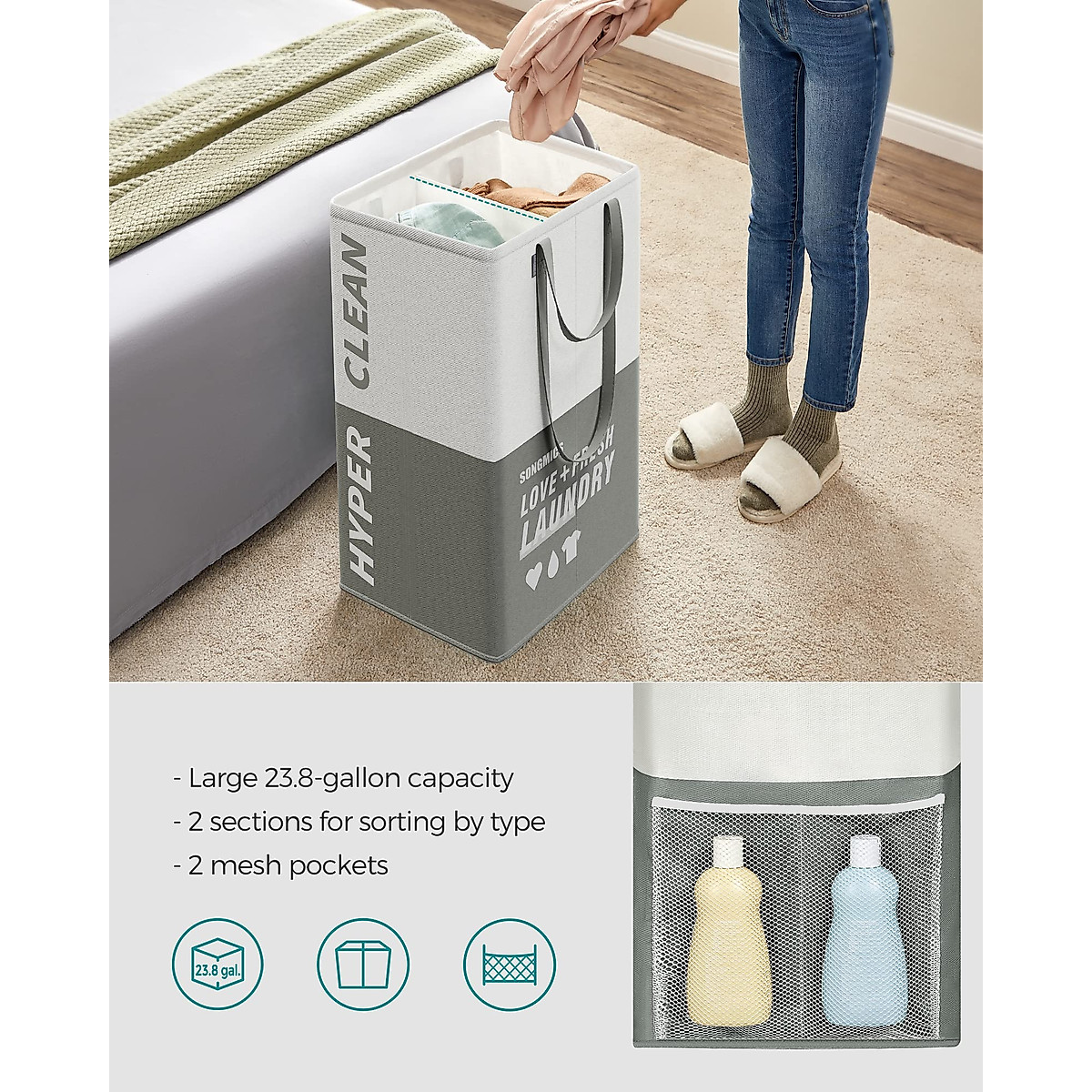 SONGMICS Laundry Baskets, Laundry Hamper with 2 Compartments, 23.8 Gallon (90L) Set of 2 Collapsible Water-Repellent Clothes Hampers, Tall Laundry Bag for Bedroom Bathroom, Dark Gray ULCB209G22