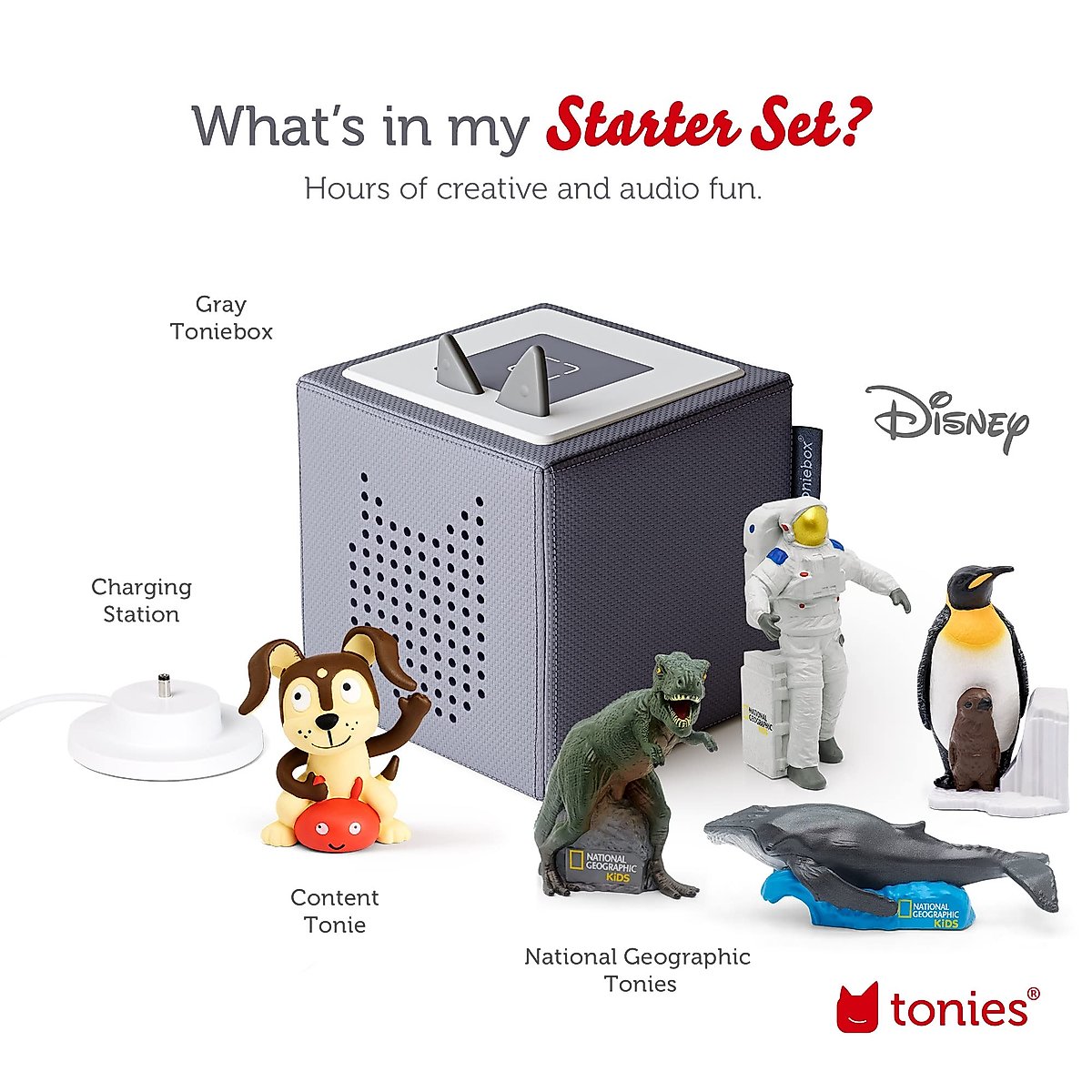 Toniebox Audio Player Starter Set with National Geographic Astronaut, Dinosaur, Whale, Penguin, and Playtime Puppy - Listen, Learn, and Play with One Huggable Little Box - Gray