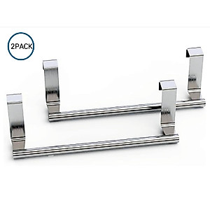 RUIBAOLY Stainless Steel Over Door Towel Rack Bar Holders for Universal Fit on Over Cabinet Cupboard Doors ，9.2" Wide - 2 Pack(Silver)