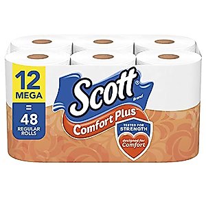 Scott ComfortPlus Toilet Paper, 12 Mega Rolls, 425 Sheets per Roll, Septic-Safe, 1-Ply Toilet Tissue