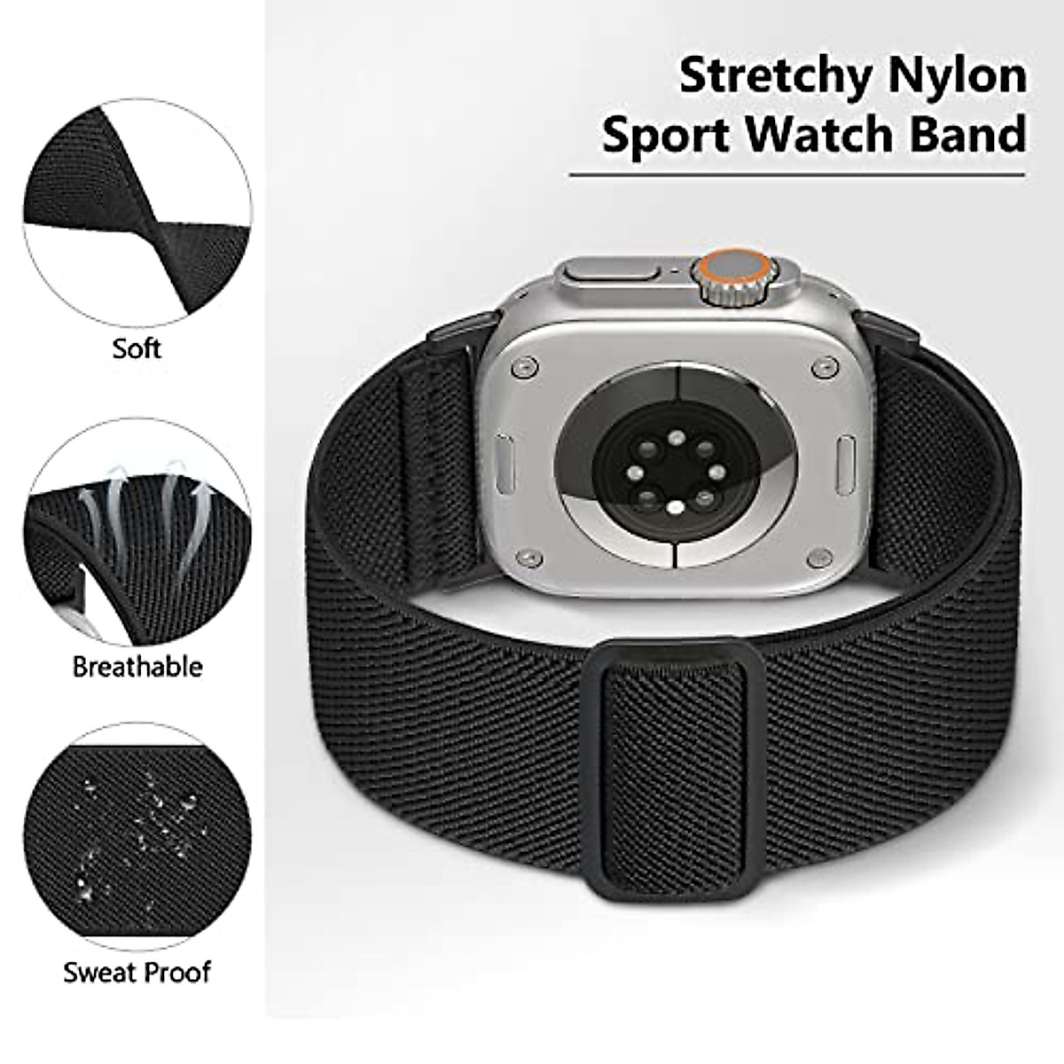 30MM Wide Stretchy Nylon Compatible with Apple Watch Ultra Band 49mm 44mm 45mm 42mm, Adjustable Sport Soft Elastic for Apple Watch Band Men Boys, Wristband for iWatch SE 8 7 6 5 4 3 (Black)