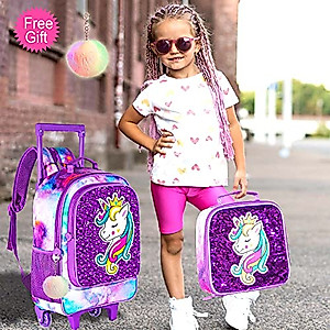 TXHVO 3PCS Rolling Backpack for Girls,Kids Unicorn Bookbag with Roller Wheels, Sequin Suitcase School Bag Set for Elementary Toddler