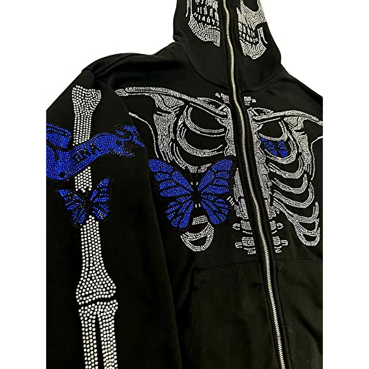 Men Rhinestone Hoodies Y2k Full Zip Up Hoodies Women Oversized Skull Skeleton Graphic Sweatshirt Zip Over Face Gothic Jackets (Blue, L)