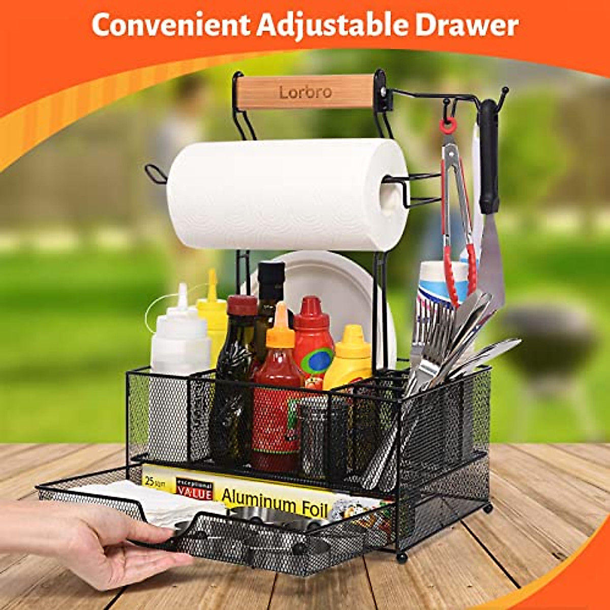Lorbro Large Grill Utensil Caddy with Drawer, Picnic Camping Caddy with Paper Towel Holder, BBQ Organizer for Grilling Tool, Ideal Organizer for Picnic Condiment and Outdoor Griddle Accessories