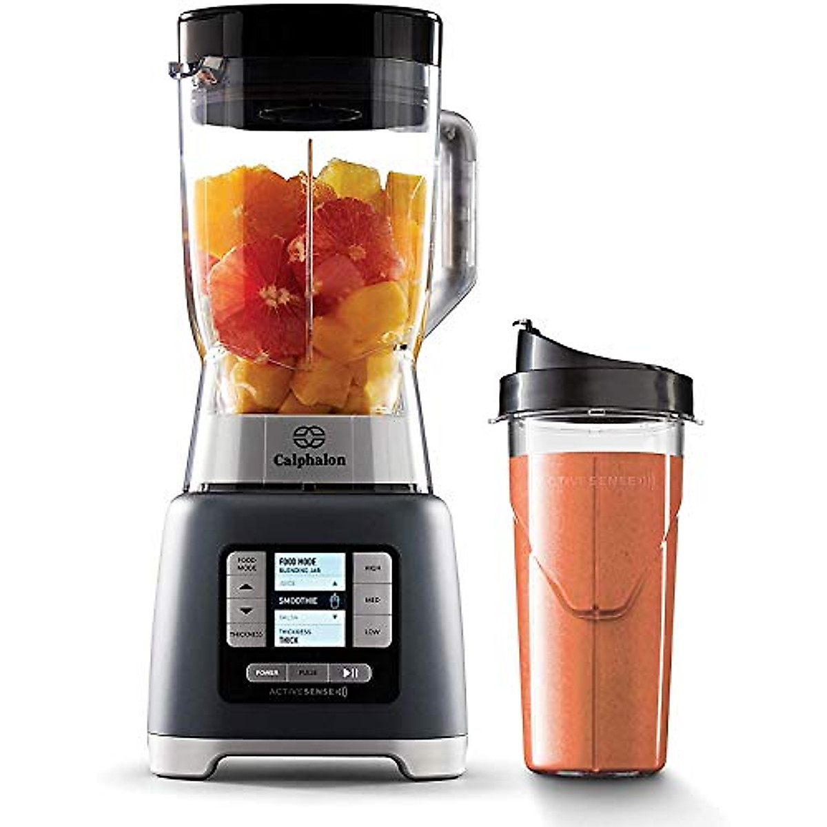 Calphalon Blender for Shakes, Smoothie, Salsa, Milkshake, Frozen Drinks, and Juices with 68-oz BPA-Free Tritan Jar and 24-oz Portable Blender Bottle, ActiveSense 1200-Watt Motor, Dark Stainless Steel