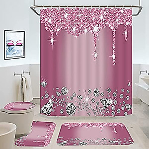 Glitter Diamond Shower Curtain for Bathroom Set Decor with Non-Slip Rugs Bath U-Shaped Mat Toilet Lid Cover Pink Bathroom Curtains Shower Set with 12 Hooks, Glitter Siamond Bathroom Set