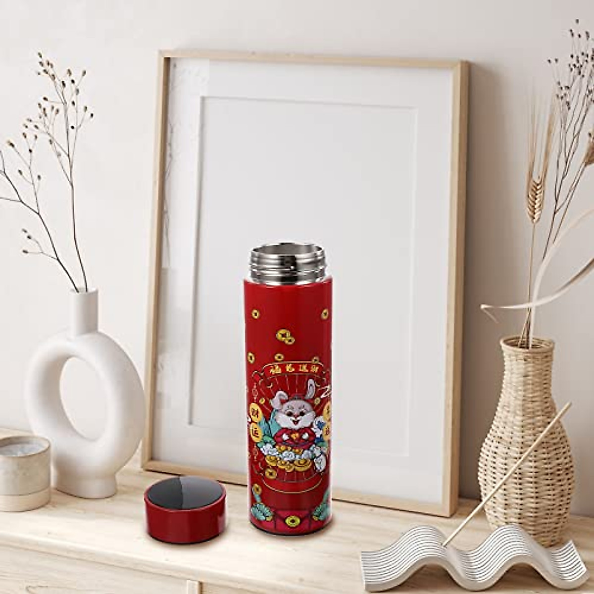 LIFKOME Double Insulated Water Bottle Vacuum Insulated Bottle 2023 Chinese New Year Water Bottle Year of The Rabbit Tumbler Thermal Mug for Coffee Tea Milk Hot Drinkings Lid Color 2