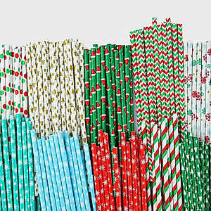 Weemium Christmas Paper Straws - Pack of 200 in 10 Designs - Biodegradable Christmas Straws for Drinking, Party & Crafts