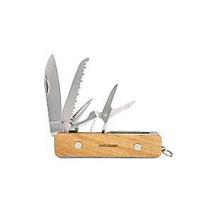 Kikkerland Huckleberry First Pocket Knife, Compact 4 in 1 Tools, Lightweight, Wood Handle, Stainless Steel, Keyring, For Camping, Hiking and Fishing