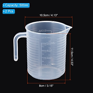 PATIKIL Graduated Beaker, 2 Pack 500ml PP Plastic Liquid Measuring Cup Double Sided Graduations with Handle Lid and Spout for Lab Kitchen Home
