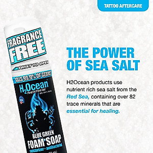 H2Ocean Blue Green Foam Soap - Tattoo Foam Antibacterial Soap for Tattoo Aftercare - Tattoo Care with Aloe Vera - Travel-Size Tattoo Moisturizer Soap - 1.7 oz